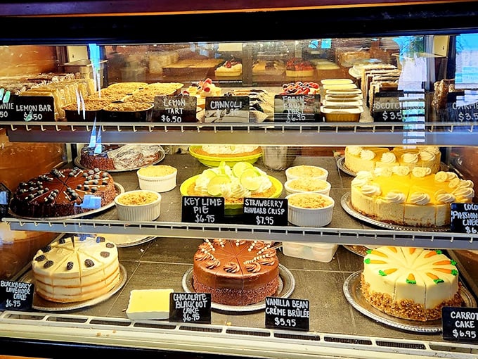 A dessert case that should come with a warning label: "May cause spontaneous happiness and the inability to choose just one."
