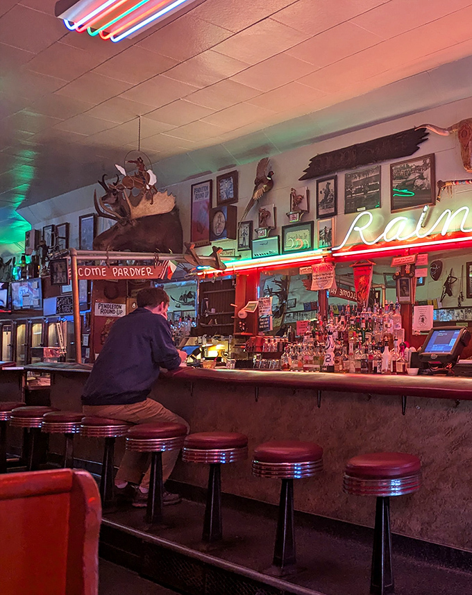 Taxidermy and neon create that uniquely Western ambiance that says "cowboys welcome" without a word being spoken. 