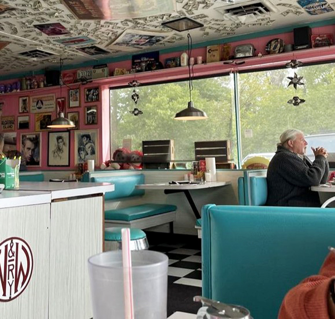 Pink walls adorned with 50's icons create the perfect backdrop for turquoise booths where strangers become neighbors and calories don't count if Elvis is watching.