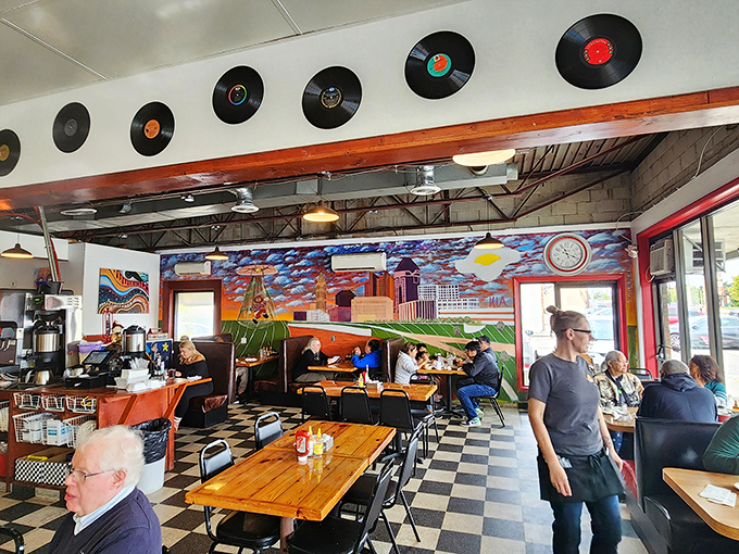 Vinyl records adorn the walls while diners enjoy their meals&mdash;proof that good food and good company never go out of style.