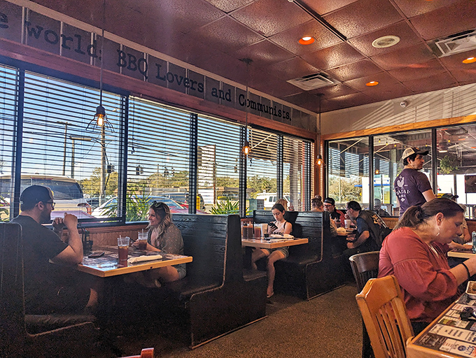 The covered patio offers al fresco dining with a side of neon "COOKING" sign&mdash;just in case you forgot what wonderful activity created your meal.