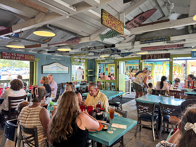 The dining room buzzes with the happy chaos of people who've discovered that seafood really does taste better when you can hear seagulls in the distance.