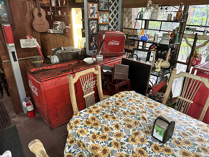 Vintage Coca-Cola coolers and sunflower tablecloths create a time capsule of Southern hospitality. This isn't manufactured nostalgia&mdash;it's the real deal.