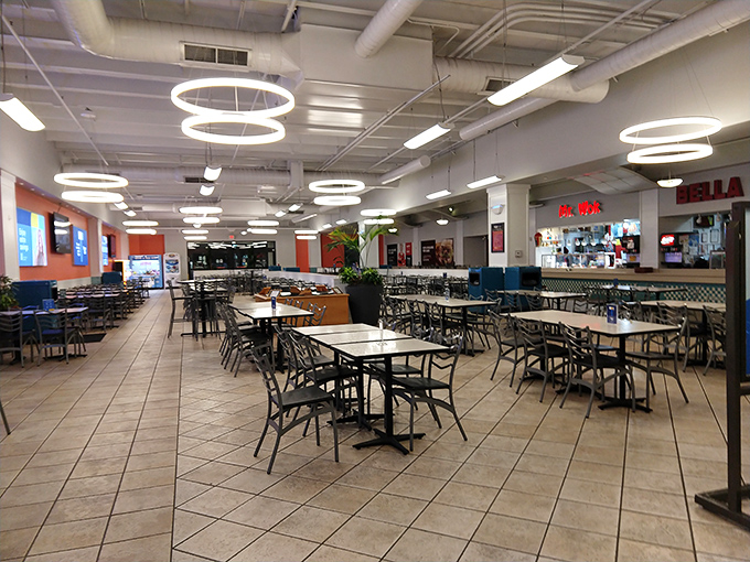 The food court stands eerily quiet before the lunch rush&mdash;the calm before the storm of hungry shoppers refueling for round two.