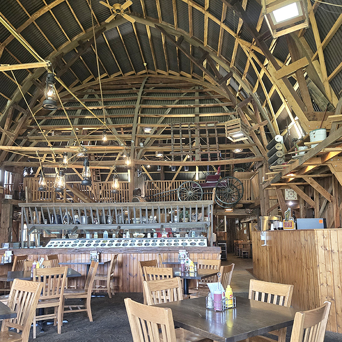 Look up and marvel at the cathedral-like barn ceiling&mdash;architectural splendor that somehow makes your meatloaf taste even better.