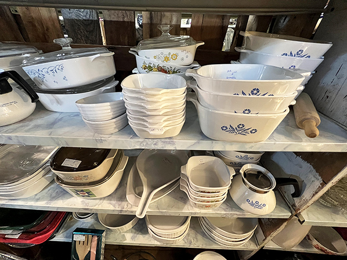 Corningware and Pyrex heaven! These kitchen workhorses have outlasted marriages, survived countless potlucks, and still look ready for Sunday dinner.