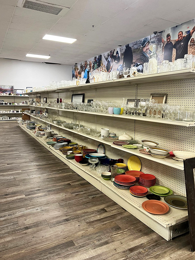 The dishware aisle offers everything from everyday plates to "company's coming" crystal&mdash;each piece awaiting its next dinner party debut.