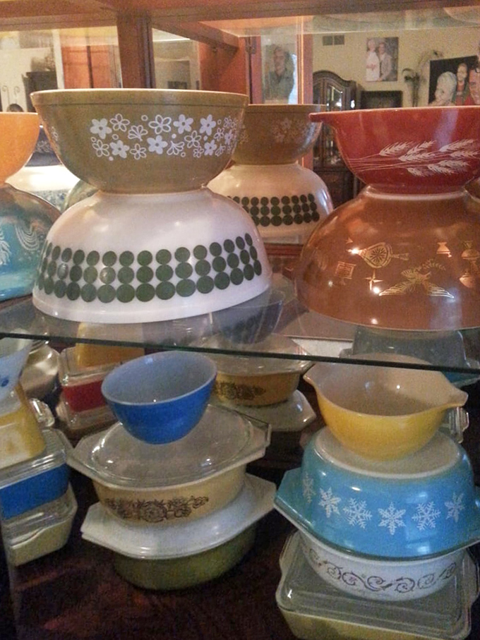Pyrex paradise! These vintage bowls tell stories of potlucks past—when casseroles were currency and patterns were personality.