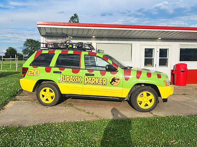 The "Jurassic Parker" stands ready for action&mdash;proof that drive-in culture inspires creativity beyond the screen.