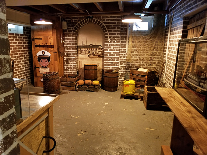 The brick-walled storage area looks like it's waiting for Long John Silver to stash his treasure&mdash;or just the week's supply of lighthouse provisions.