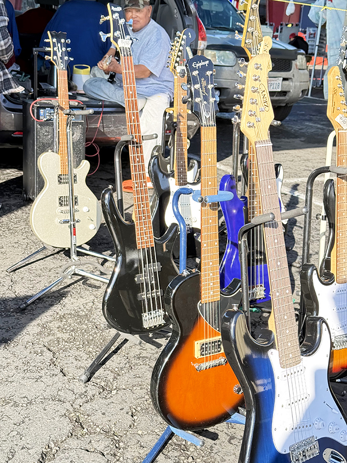 Six-string dreams on display. Each guitar silently promises to transform its next owner into the rock star they always imagined becoming.