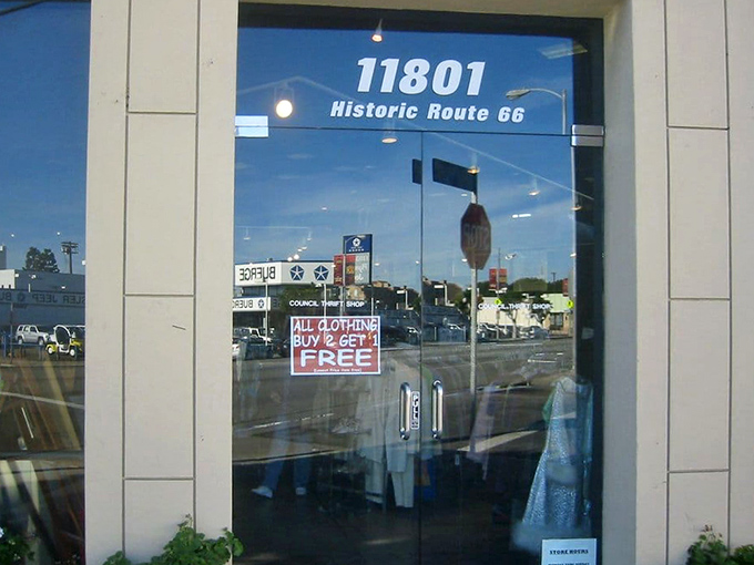 The entrance proudly announces its location on Historic Route 66—because even your bargain hunting can come with a side of American nostalgia.