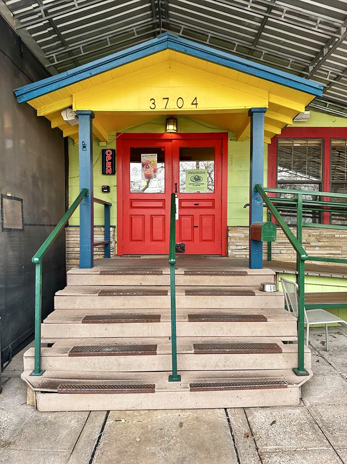 Those red doors might as well be portals to a dimension where calories don't count and pancakes reign supreme.