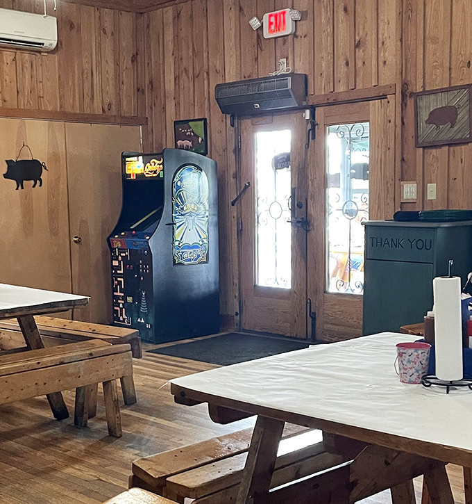 Even the exit is charming, with wooden paneling and an arcade game for when you need to work off some of that brisket before heading home.