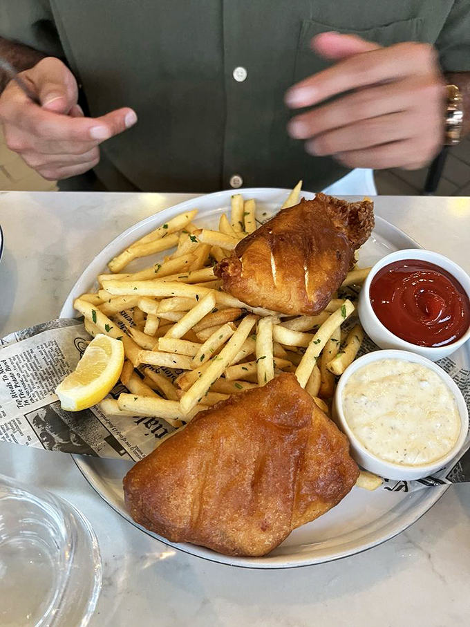 Fish and chips that would make a British pub jealous&mdash;golden batter, flaky white fish, and fries that crunch like autumn leaves.