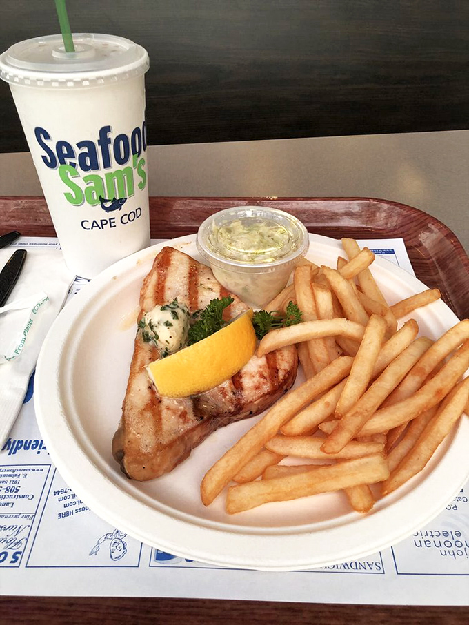A perfectly grilled fish fillet that proves not everything delicious at Seafood Sam's takes a dip in the fryer.