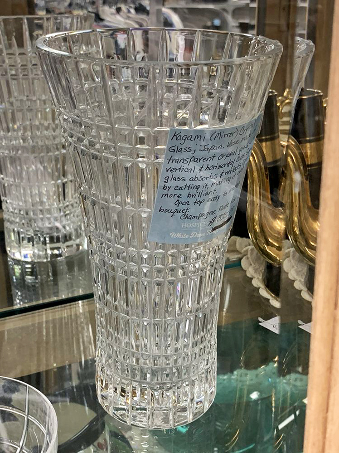 This crystal vase isn't just elegant—it comes with its own handwritten history lesson. Knowledge and beauty in one sparkly package.