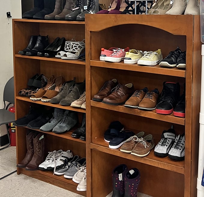 The shoe section: where barely-worn footwear gets its second chance at adventure, from professional leather oxfords to weekend sneaker casual.