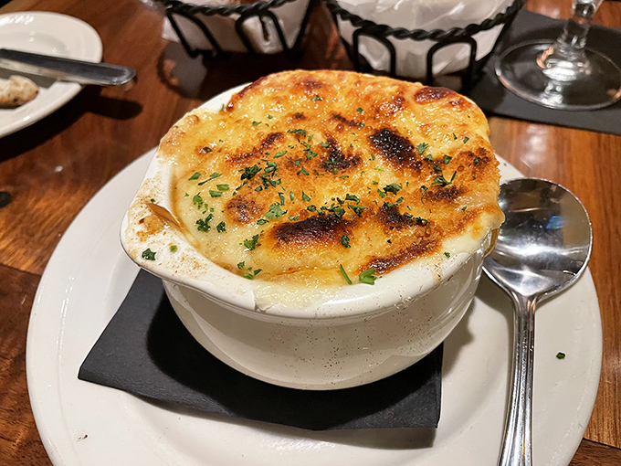 French onion soup that's worth the inevitable string of cheese that will dangle from your spoon to your chin. Some foods are worth the risk.