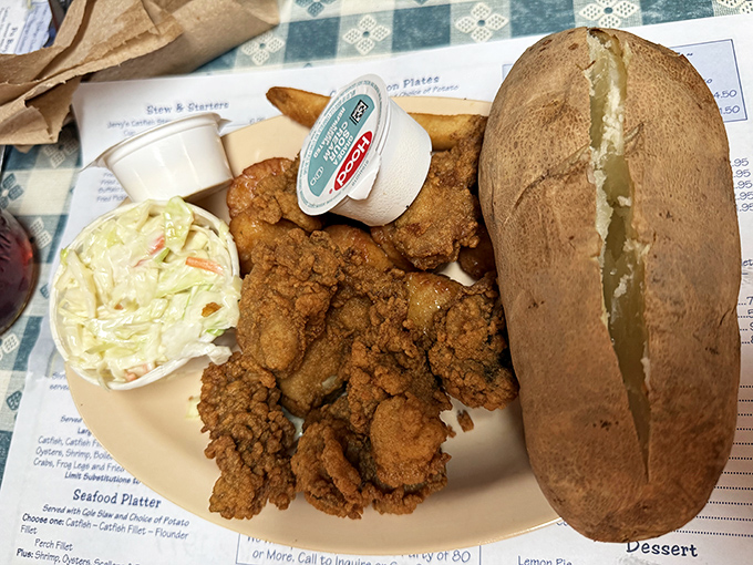 Fried oysters and a baked potato&mdash;the surf and turf of the South Carolina soul food universe.