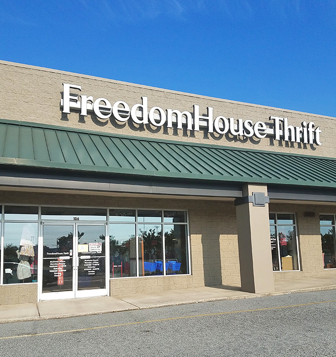 The clean, welcoming fa&ccedil;ade under clear Carolina skies. This unassuming building houses enough treasures to fill a dozen Instagram feeds.