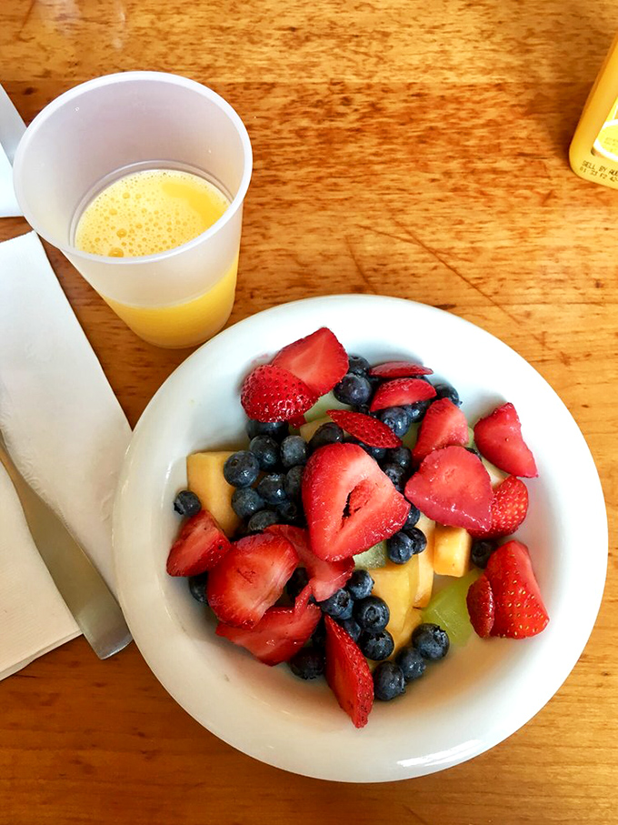 A fruit cup that actually deserves the name&mdash;vibrant berries and melon chunks that weren't an afterthought but the main event.