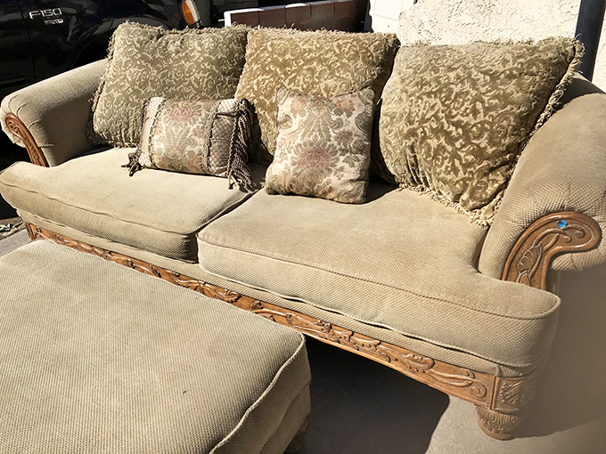 This sofa has seen things &ndash; dinner parties, Netflix marathons, and now, the California sun &ndash; as it awaits its next chapter.