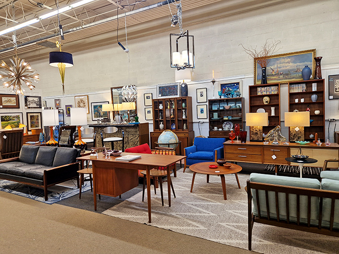 This mid-century living room vignette isn't just furniture&mdash;it's a lifestyle waiting to happen. Just add martinis and a vinyl record player.