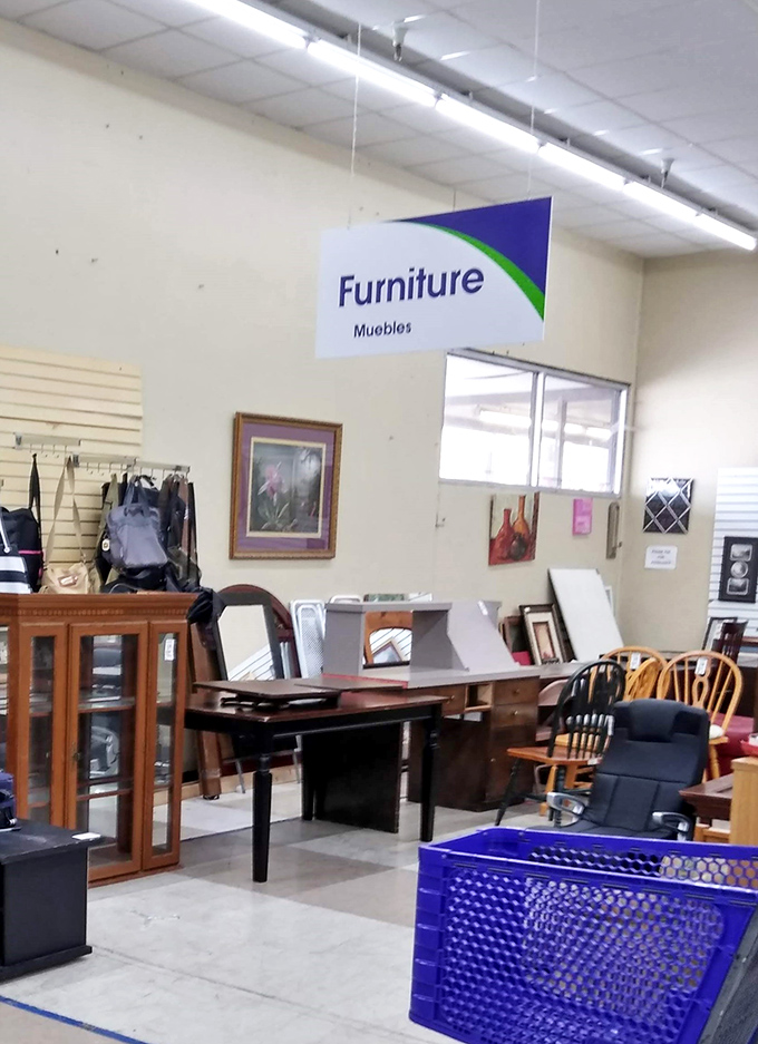 Furniture department sign hovering over solid wood treasures and comfortable seating options. Yesterday's dining sets ready for tomorrow's family gatherings.