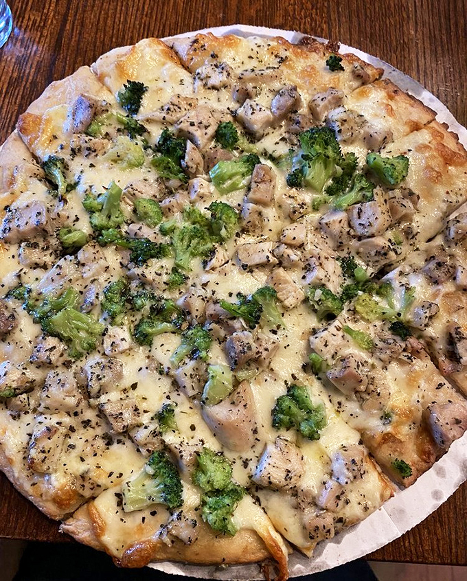 Chicken and broccoli living in perfect harmony on a pizza canvas&mdash;a delicious reminder that healthy-ish can still be heavenly.