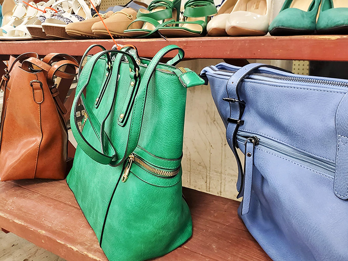 Handbags in a rainbow of possibilities. That green tote has "farmers market adventure" written all over it.