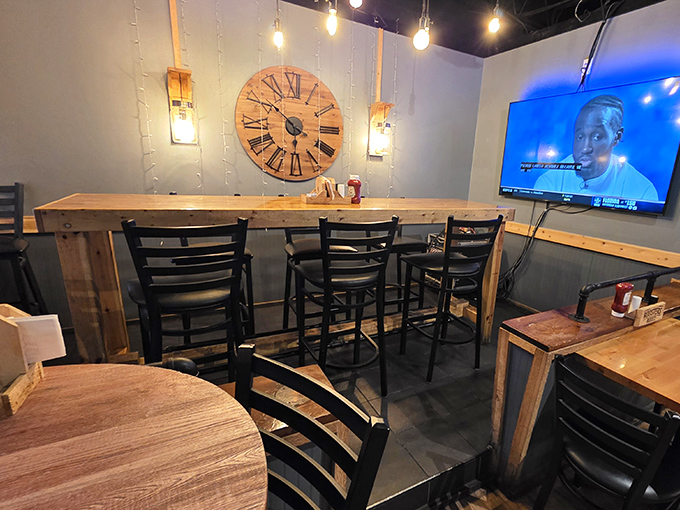 High-top seating perfect for casual gatherings. That rustic clock on the wall suggests you should take your time &ndash; good food deserves your full attention.