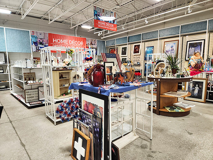 Home décor items create vignettes of possibility, from patriotic flourishes to framed memories, all waiting for walls that need their stories.