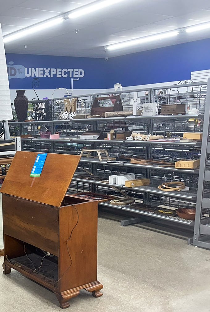 "Find the Unexpected" isn't just wall decor&mdash;it's a promise. That vintage desk might have once held someone's great American novel or tax returns.