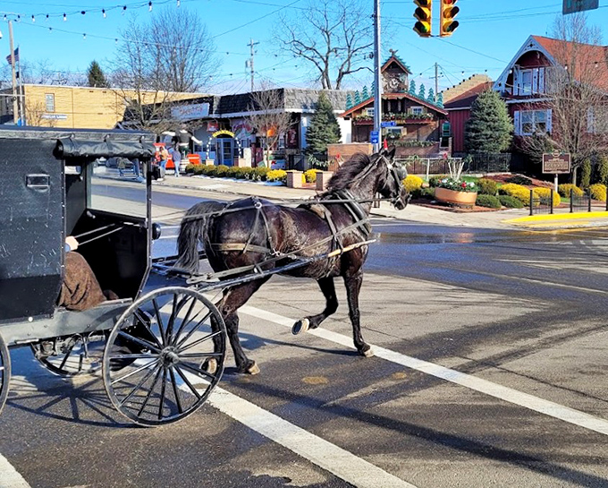An Amish buggy crosses Main Street with the clock in the background – a perfect juxtaposition of timeless tradition and tourist attraction.