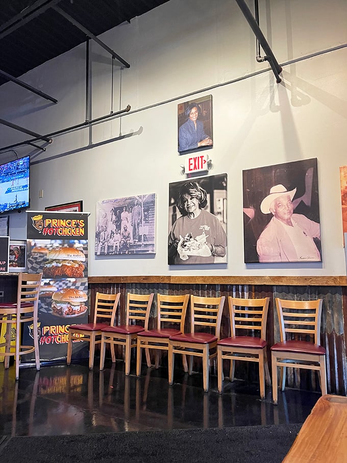History adorns the walls at Prince's, where vintage photos remind diners they're participating in a Nashville tradition that transcends mere trendy food crazes.