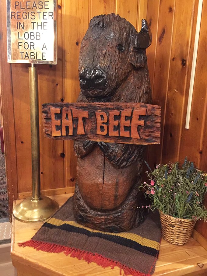 That wooden buffalo statue isn't just decor &ndash; it's a philosophical statement: "Eat Beef" is less a suggestion than a commandment here.