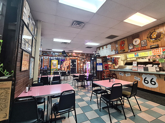 Pink tables, wood paneling, and Route 66 memorabilia &ndash; the holy trinity of authentic American diners.