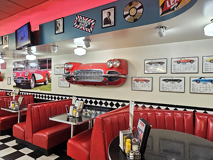 Classic cars aren't just for driving&mdash;sometimes they're for dining next to. Those red booths have supported more happy diners than a cardiologist's waiting room after free donut day.