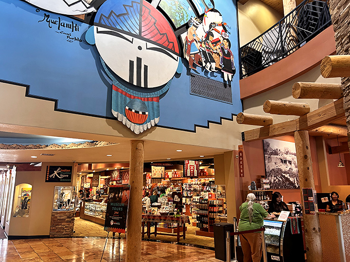 The cultural center's interior blends art and commerce, where massive murals and traditional ladders remind you this meal comes with context.