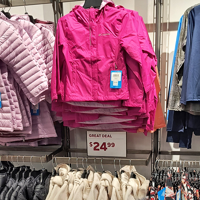 Columbia jackets marked "GREAT DEAL" &ndash; because nothing says "I'm prepared for that one week of Mississippi winter" quite like a bright pink raincoat. 