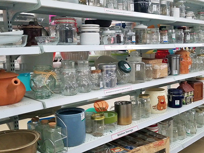 Mason jars and kitchen containers stand in formation, ready for your organizational dreams or Pinterest-inspired projects that might actually happen this time.