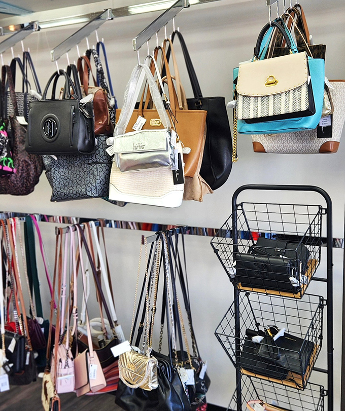 Handbag heaven! Designer purses hang like fashionable fruit, ripe for the picking and priced for actual humans.