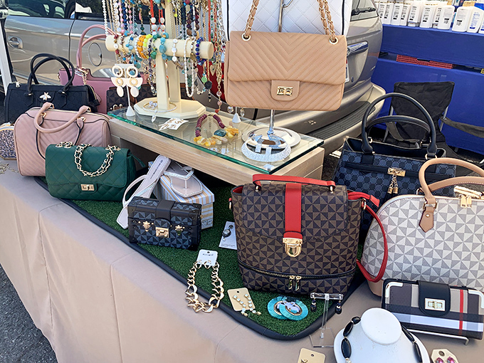 Designer-inspired handbags line the tables like fashionable soldiers, ready to elevate any outfit without devastating your budget.