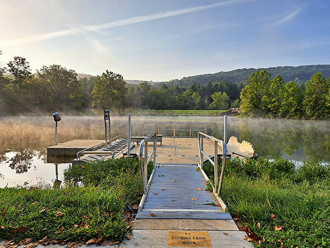 Morning mist transforms the fishing dock into something from a dream &ndash; or a really good coffee commercial.