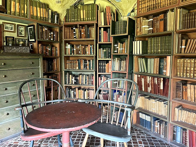 The library feels like what would happen if Hogwarts and a cozy cabin had an architectural child. Those chairs have heard some stories!