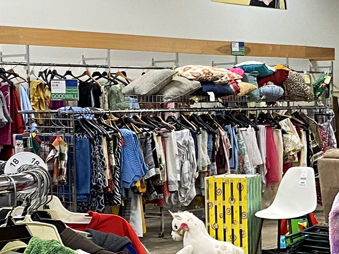 The clothing racks create a textile forest where patient shoppers can hunt for that elusive perfect sweater or hidden designer gem.