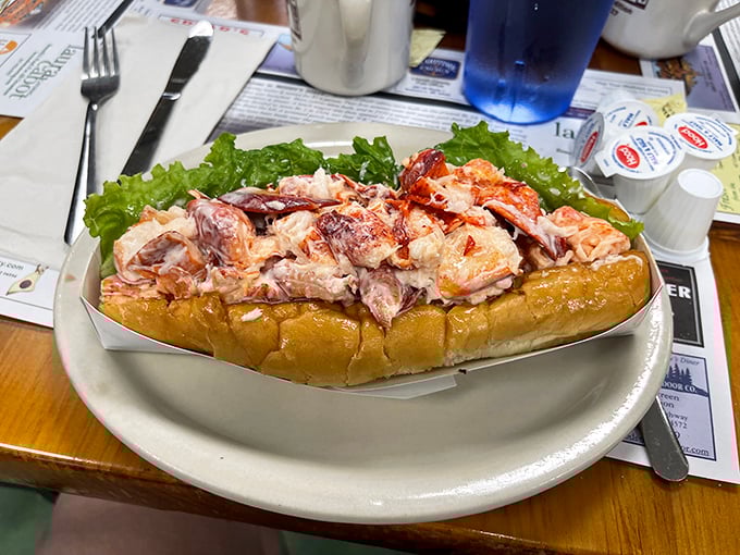 Fresh lobster meat overflowing from a toasted bun proves Maine knows how to treat its most famous crustacean with proper respect. 