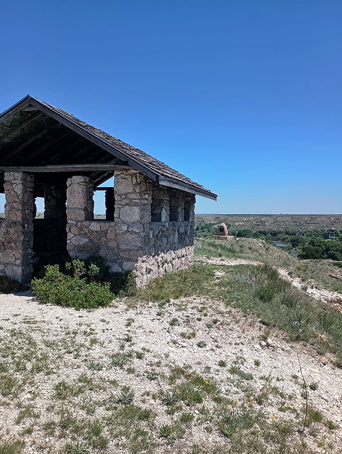 This stone shelter, perched like an eagle's nest, offers views that would make Colorado jealous. Kansas showing off its dramatic side.