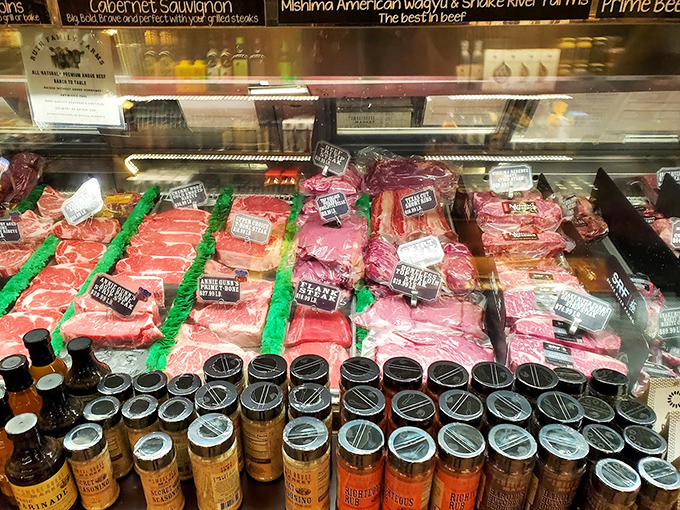 Meat paradise found: this butcher case showcases premium cuts that make carnivores weak at the knees. Each steak represents a potential perfect evening.